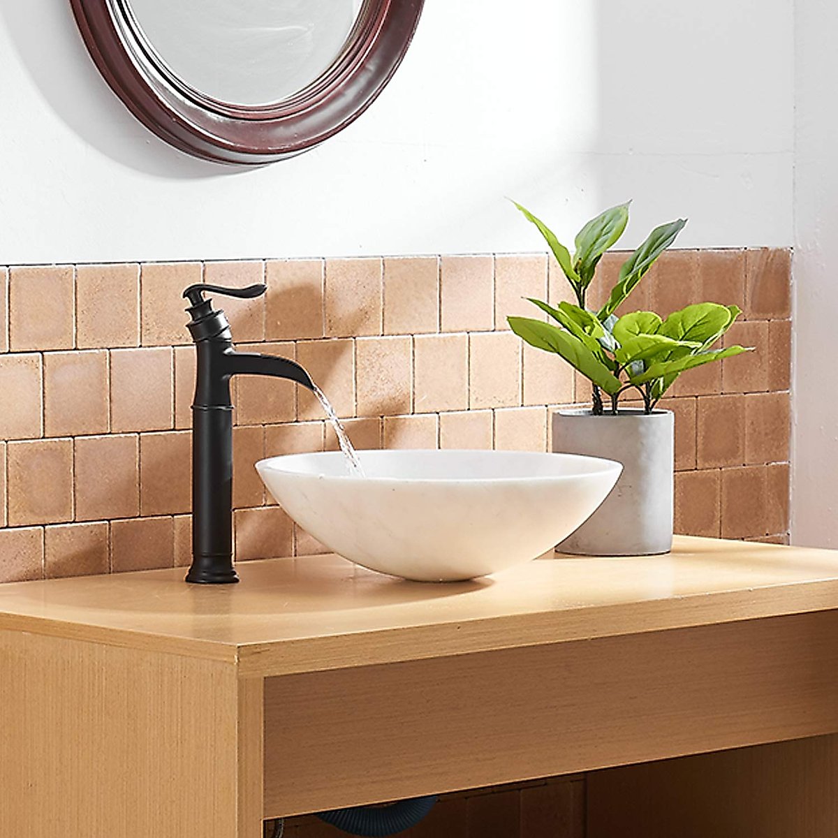 BWE Vessel Sink Faucet Waterfall Matte Black with Pop Up Drain Without Overflow and Supply Lines Bathroom faucets for Sink 1 Hole One Handle Faucets Vanity Bath Mixer Tap