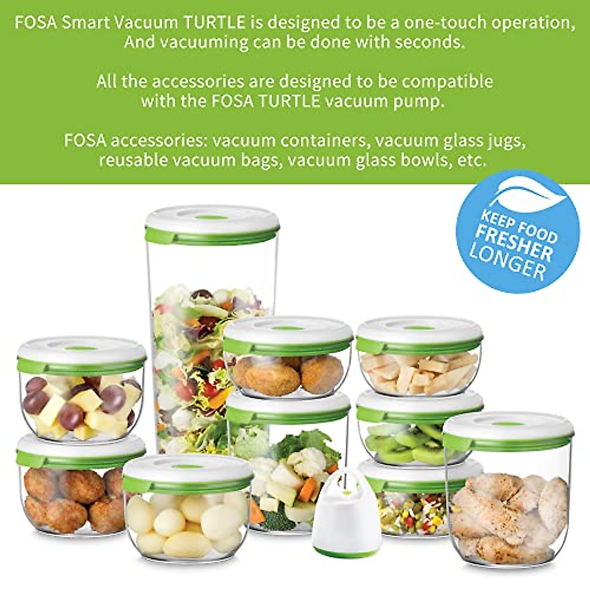 FOSA Vacuum Seal Food Storage System Reusable Container Deluxe Set with Vacuum and 10 Reusable containers