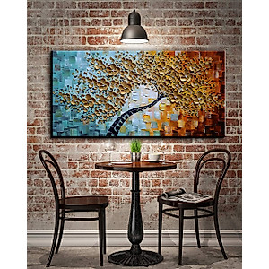 Tyed Art-24x48 Inch Golden Flower Paintings 3D Abstract Paintings Oil Hand Painting On Canvas Wood Inside Framed Ready to Hang Wall Decoration for Living Room Bed Room