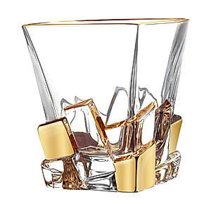 Barski - European Quality Glass - Crystal - Set of 6 - Square Shaped - Double Old Fashioned Tumblers - DOF - 11.7 oz. - with Gold Ice Cubes Design - Glasses are Made in Europe