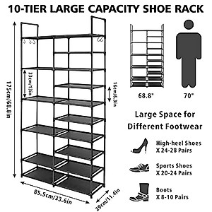 LNYZQUS 10 Tier Tall Shoe Rack Boots Organizer, Black Large Shoe Shelves Shoe Stand For 30-36 Pairs,Vertical Stackable Shoe Organizer Sturdy Shoe Tower For Garage Bedroom