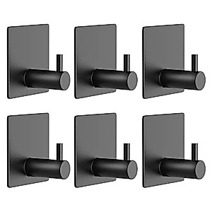 PMMASTO Adhesive Hooks Heavy Duty Stick on Wall Waterproof Aluminum Towel Hooks Door Hooks Adhesive Towel Hooks Adhesive Holders for Hanging Hat Towel Coat Robe Clothes Bathroom Bedroom 6PC (Black)
