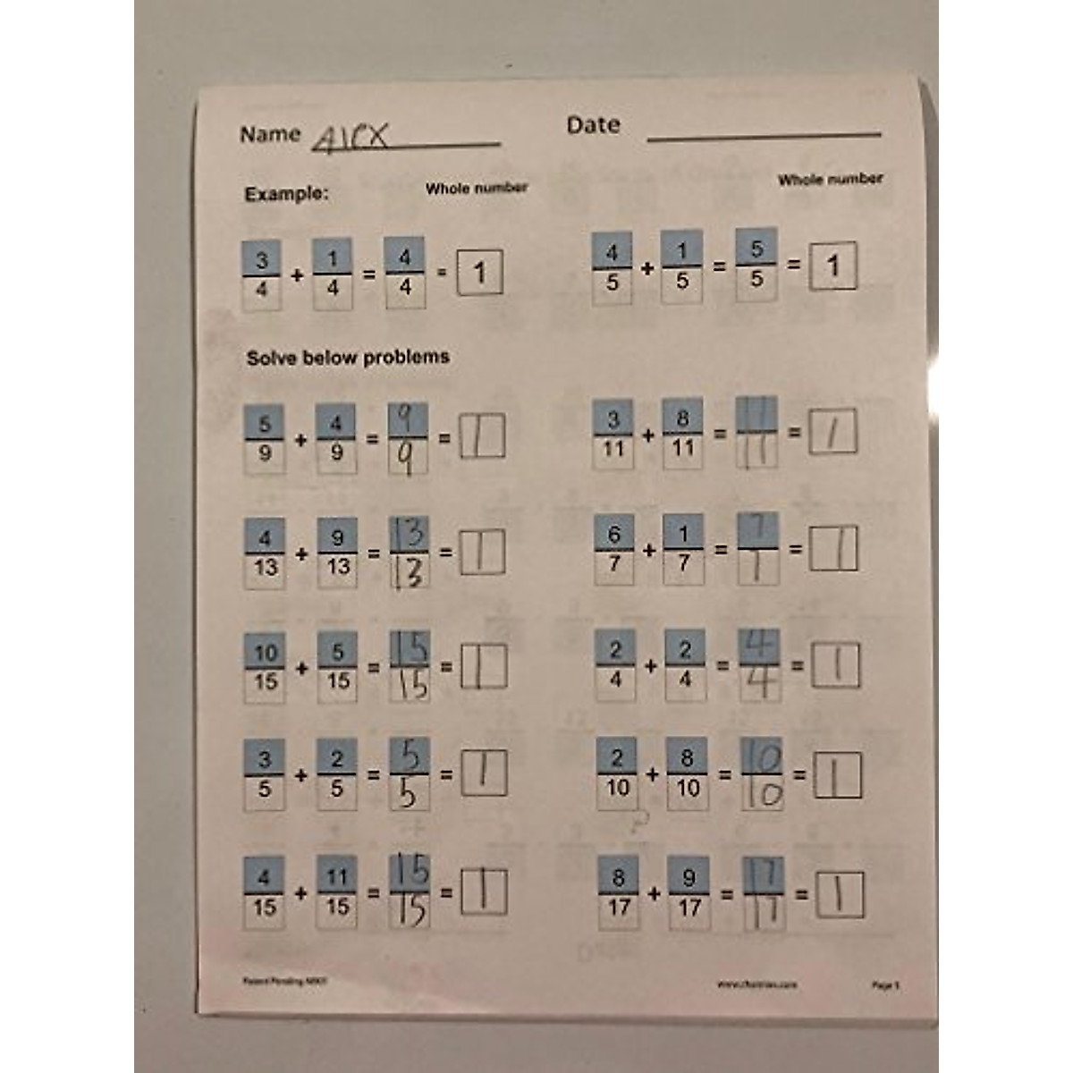 Channie’s One Page A Day Workbook, Beginner Single Digit Fraction Math Practice Worksheets, 50 Pages Front & Back, 25 Sheets, Grades 3rd, 4th, and 5th, Size 8.5” x 11” Summer School, Summer Bridge