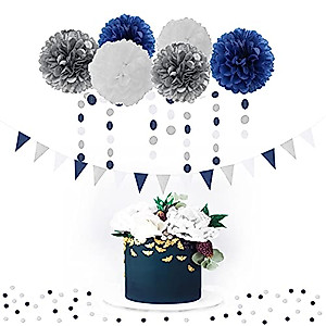 Navy Blue White Silver Party Decorations,23pcs Kit Graduation 2023 Tissue Paper Pom Poms Streamers,Tassel Garland Banner Flowers,Men Birthday Bachelorette Baby Shower Christmas Decor Lasting Surprise