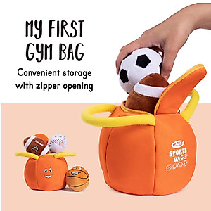 Plush Creations Talking Sports Plush Bag with 4 Talking Soft Plush Balls. Sport Set Includes Plush Sports Bag Plush Basketball Plush Baseball Plush Soccer Ball and Plush Football