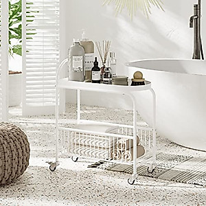 AEPOALUA Bar Cart, Mini Bar Cartwith Magazine Holder, Modern Two Tier Silver Bar Cart for Bedroom,Bathroom, Kitchen,Indoor, Patio White