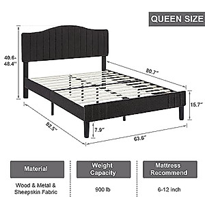 VECELO Queen Size Bed Frame Upholstered Platform Beds with Height Adjustable Teddy Fabric Headboard, Strong Wood Slats, 7.9'' Under Bed Space, Noise-Free, No Box Spring Needed, Black
