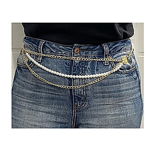 DECKER Pearl Body Chain for dress Gold Tassel Waist Chain 38 Inch Long Multilayer Belly Chain Belt for Women (Gold, 38)