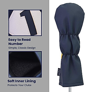 Majek Retro Golf Headcovers Blue White and Yellow Vintage Leather Style 1 & 5 Driver Fairway Head Cover Fits 460cc Drivers Classic Look