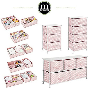 mDesign Fabric 8-Section Divider Drawer Organizer Bin for Baby Nursery Dresser, Closet, Shelf, Changing Table Organization, Hold Clothes, Toys, Diapers, Bib, Blanket - Pink/White Polka Dot