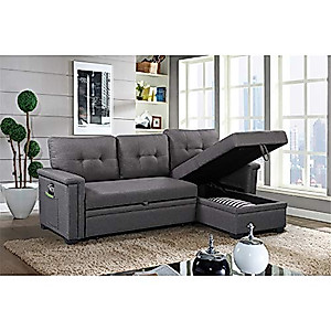 Lilola Home Ashlyn Dark Gray Reversible Sleeper Sectional Sofa with Storage Chaise, USB Charging Ports and Pocket