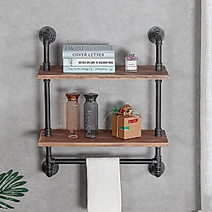 RZGY Industrial Pipe Shel with Towel Bar, 2 Tier 23.6" Towel Racks for Bathroom, Rustic Farmhouse Pipe Industrial Wall Shelves Bathroom Shelves Over Toilet for Storage