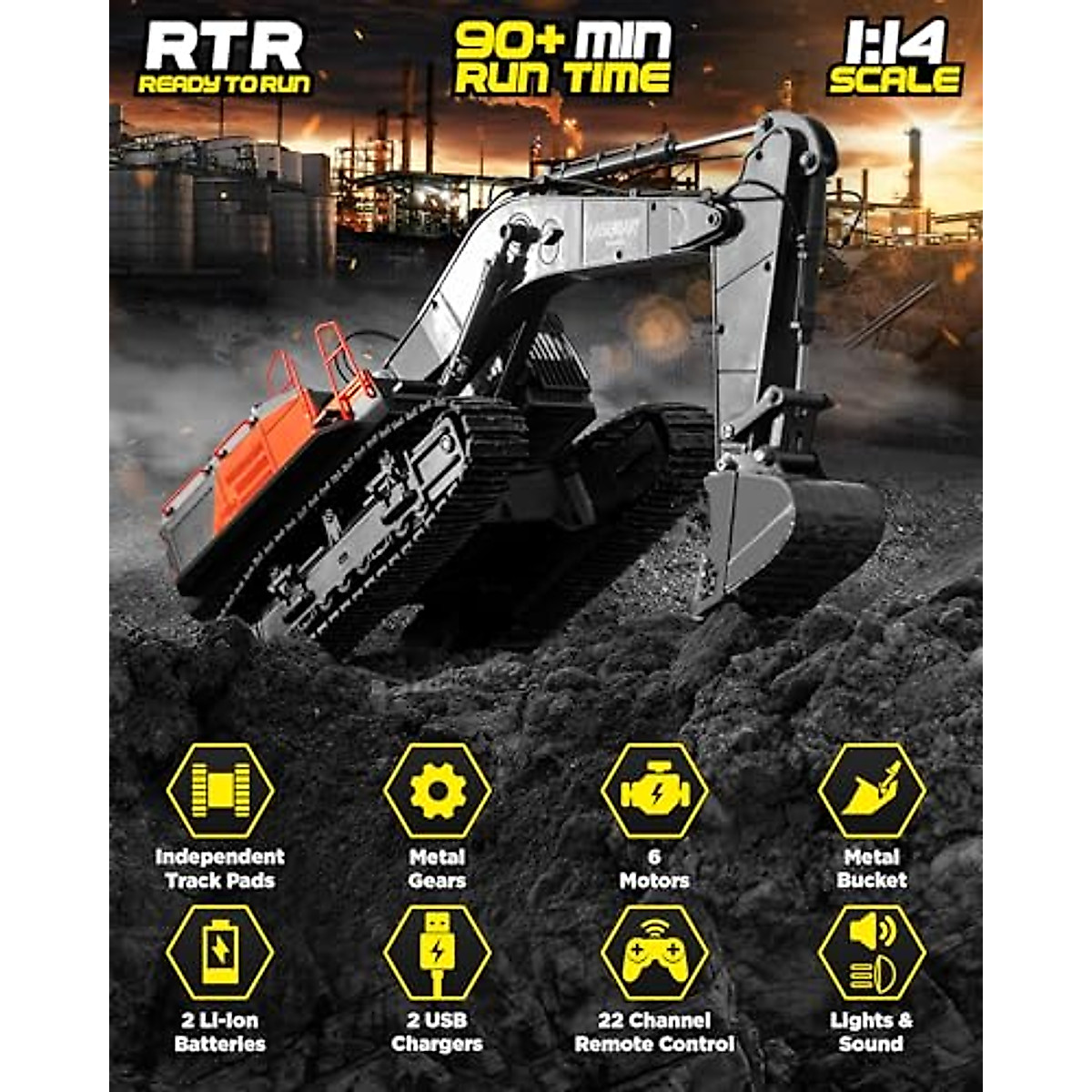 LAEGENDARY RC Excavator - Remote Control Excavator - Electric, Hobby-Grade Construction Vehicles - 1:14 Scale, Black - Red