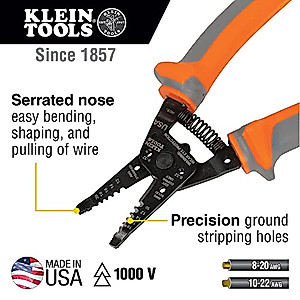 Klein Tools 11055RINS 1000V Insulated Klein Kurve Wire Stripper/Cutter Cuts and Strips 10-18 Solid and 12-20 Stranded AWG Wire