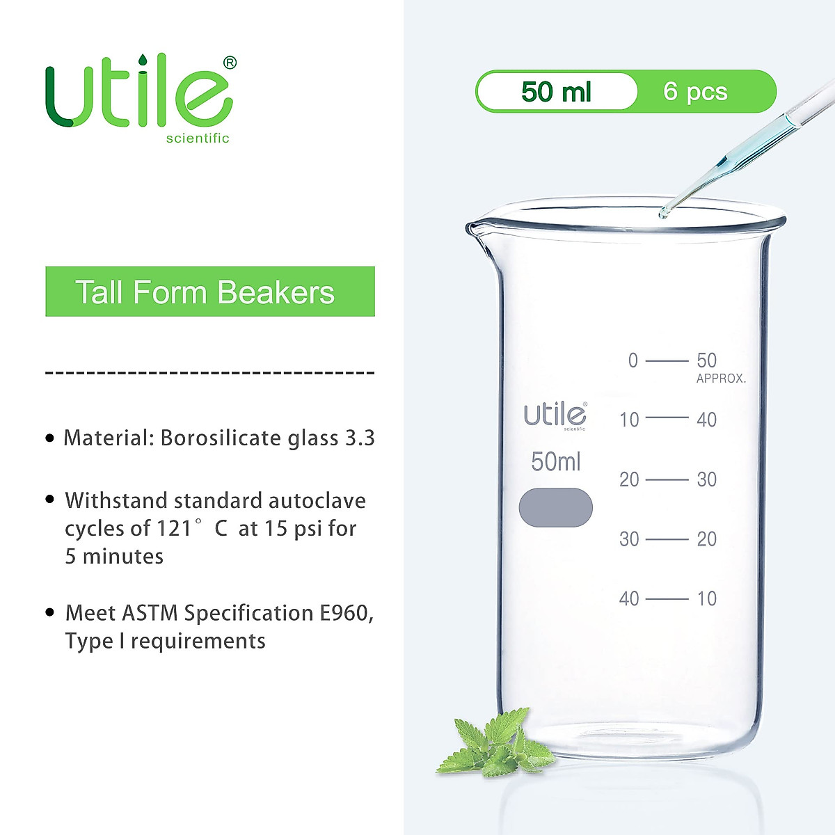 Utile 6pcs of 1.7oz(50ml) Tall Form Glass Beakers, Shot Glass, Borosilicate 3.3 Glass with Printed Graduation, 4001.0050.6