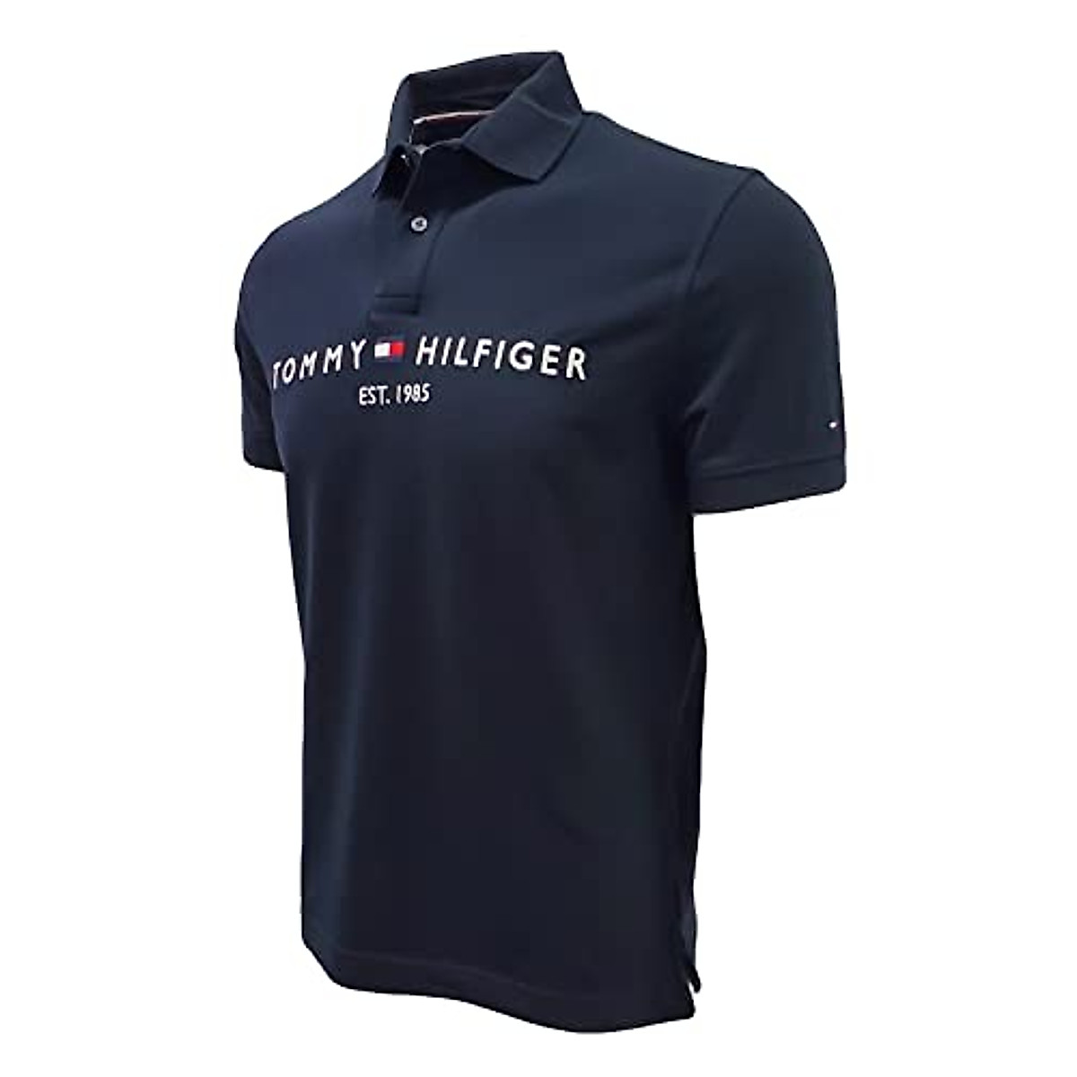 Tommy Hilfiger Mens Embroidered Graphic Logo Mesh Polo Shirt (Medium, Navy (est 1985))