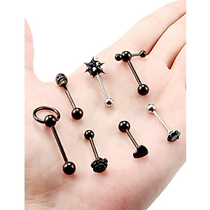 Prjndjw 14G Tongue Rings Skull Tongue Rings Flower/Door Knocker/Silicone Soft Spike Ball/Heart/Cubic Zircon/Double Barbell Wiht Slave Tongue Rings for Women men Body Piercing Jewelry