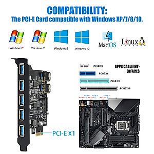 MZHOU 7 Ports PCI-E to USB 3.0 Expasion Card with 19-Pin SATA Power Connector Superspeed up to 5Gbps,and The Front Panel Bay and 1 Power Supply Cables,for Window 7/8/10/XP/Vista