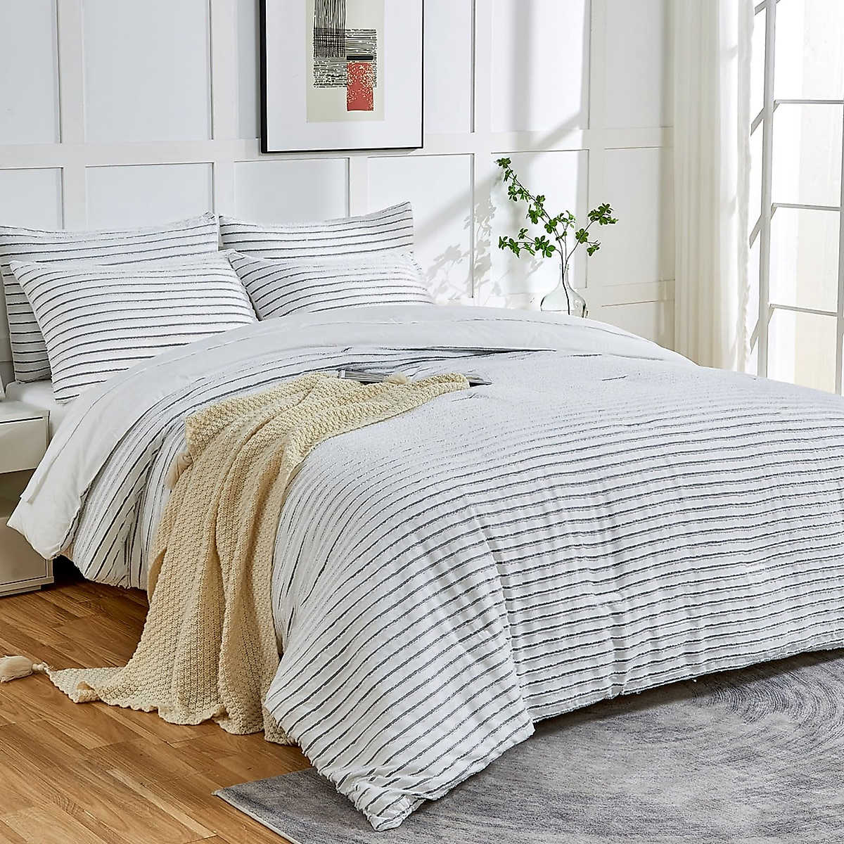 ENJOHOS Twin Comforter Set, 5 Pieces Twin Bed in a Bag Set with Sheets for College Girls Boys, Comforter with Tufted Black White Stripes, Lightweight Microfiber Comforter Bedding