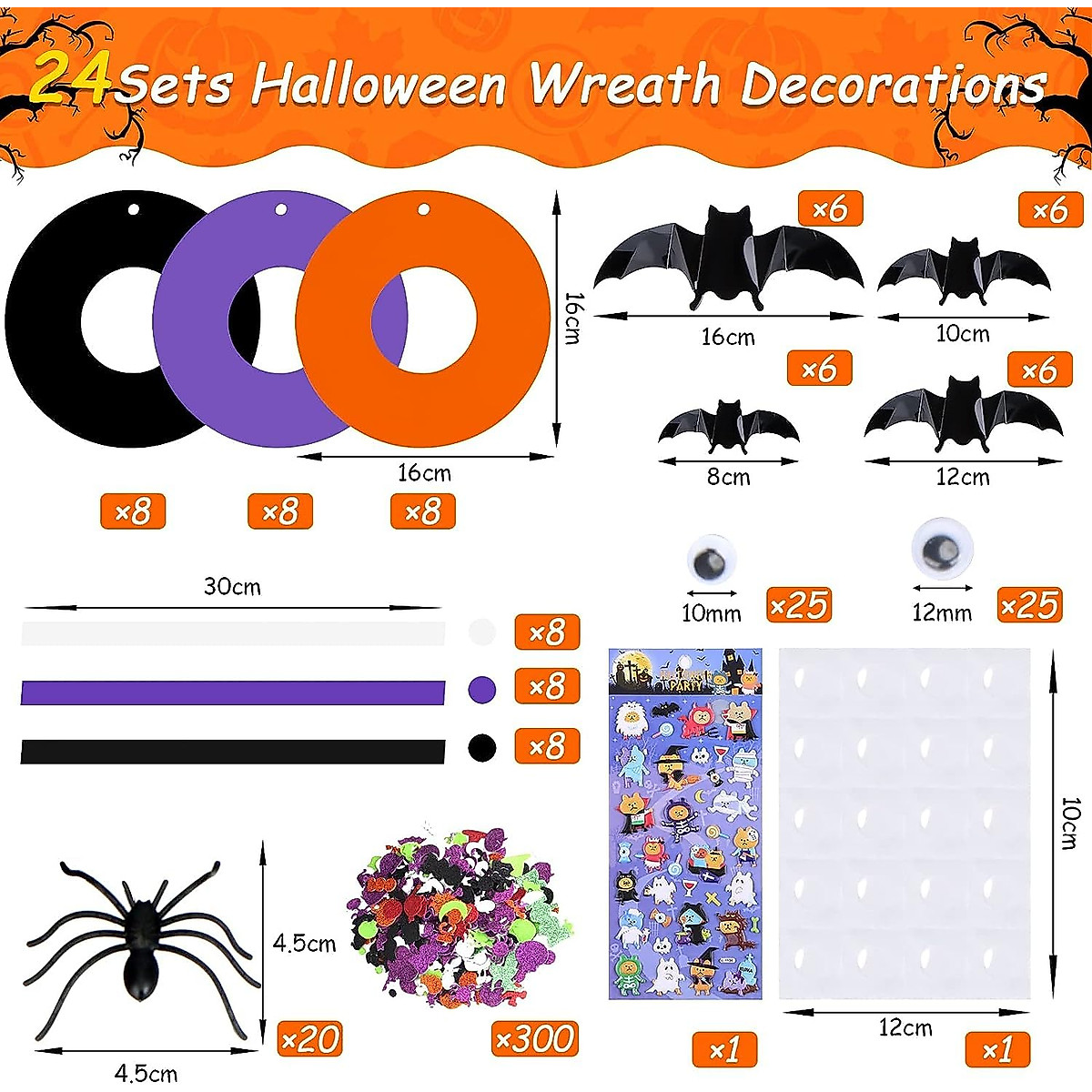 26 Sets Halloween Crafts Foam Wreath Craft Kits DIY Halloween Wreath with Self-Adhesive Pumpkin Ghost Bats Shape Craft Stickers Fall Thanksgiving Halloween Seasonal Sign Decoration