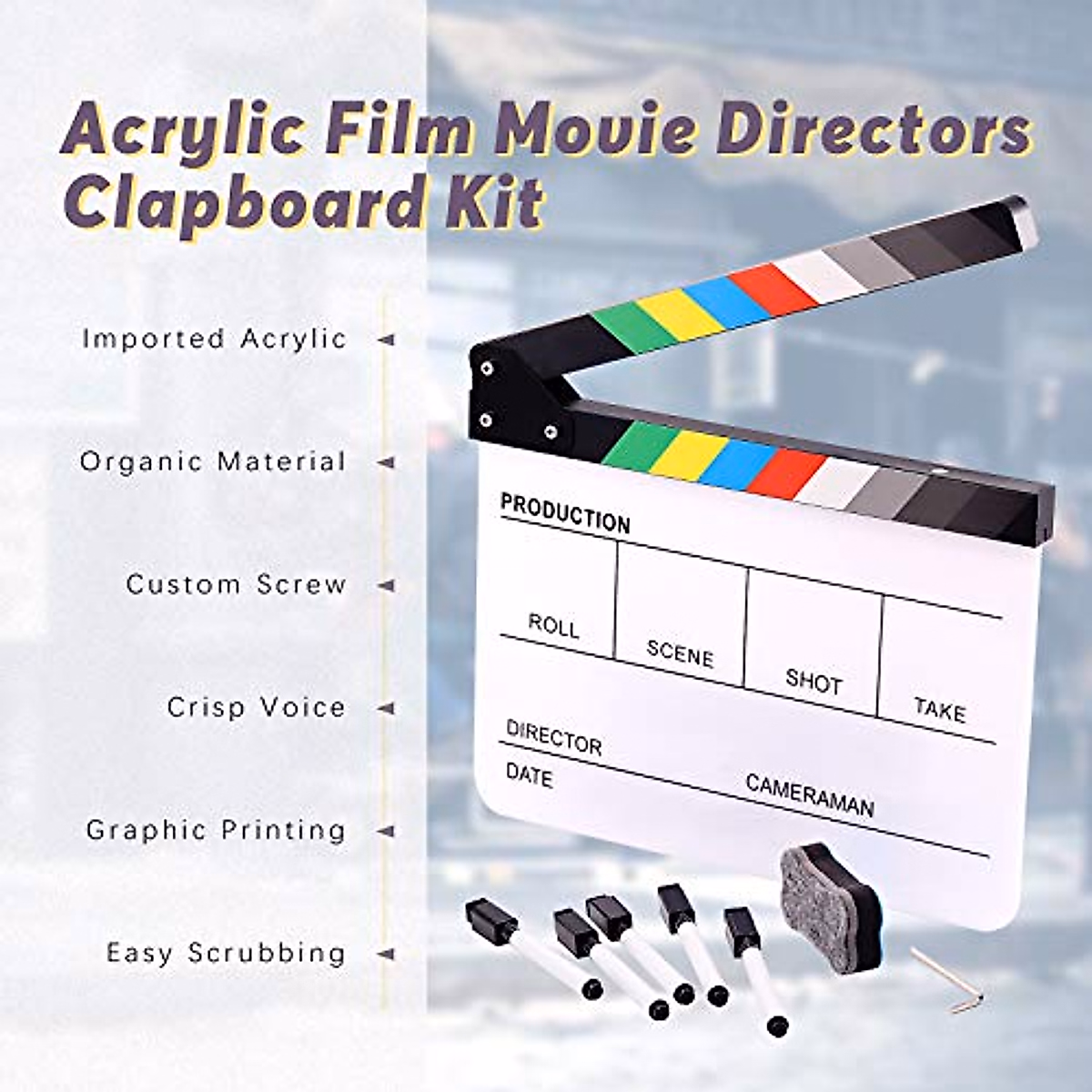 Swpeet 8Pcs 10"x12" Acrylic Film Movie Directors Clapboard Kit, Magnetic Blackboard Eraser, M3 Hex Wrench and 5Pcs Custom Pens Dry Erase Director Clapper Coating Board Slate for Director or Film Fans