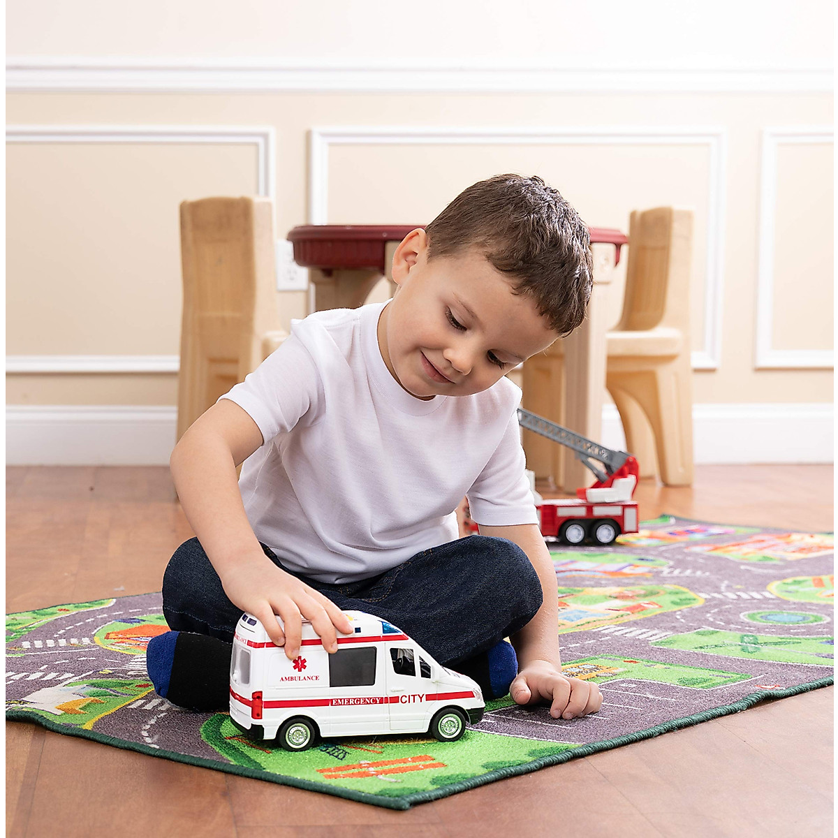 Toy To Enjoy Ambulance Toy Car with Light & Siren Sound Effects - Friction Powered Wheels & LED Lights - Medical Transport Emergency Vehicle, Heavy Duty Plastic Rescue Vehicle Toy for Kids & Children