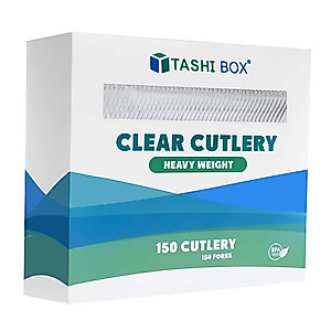 TashiBox Heavyweight Clear Plastic cutlery 7" Plastic Forks for Weddings, Picnics, Camping, Parties, Barbecues, Restaurants (150 Packs)