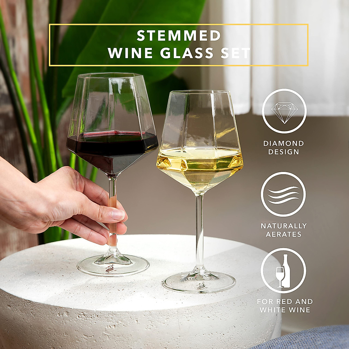 Dragon Glassware Wine Glasses, Clear Diamond Shaped Barware, Large Drinkware for Red and White Wine, Unique Gift for Wine Lovers, 18 oz Capacity, Set of 2