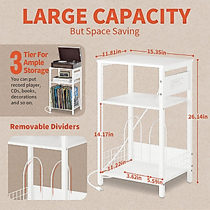 Yoobure Record Player Stand, 3-Tier White Side Table with Charging Station, Small End Table Nightstand with Vinyl Storage, Tall Beside Tables Turntable Stand for Album CD, Night Stand for Living Room