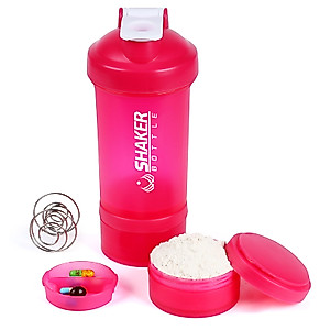 VECH Protein Shaker Bottles 16 OZ Sports Shaker Bottle with 2 Layer Separate Storange and Pill Tray Leakproof Portable Water Bottle Portable Pre Workout Bottle with Stainless Steel Mixing Ball (Pink)