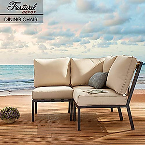 Festival Depot Dining Outdoor Patio Bistro Furniture Corner Chair Sofa Comfort & Soft 4.3" Cushions with Metal Slatted Steel Frame Legs for Garden Poolside All-Weather, 28.3(L)*28.3"(W)*31.5"(H)
