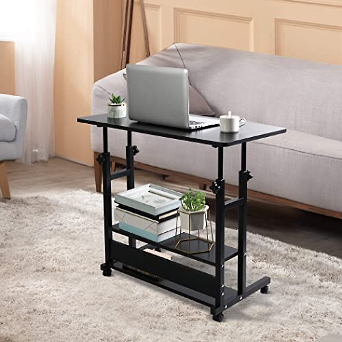 Computer Desk Home Office Desk Standing Adjustable Laptop Storage Desk for Bedroom Modern Workstation Portable Study Table with Wheels (Black)