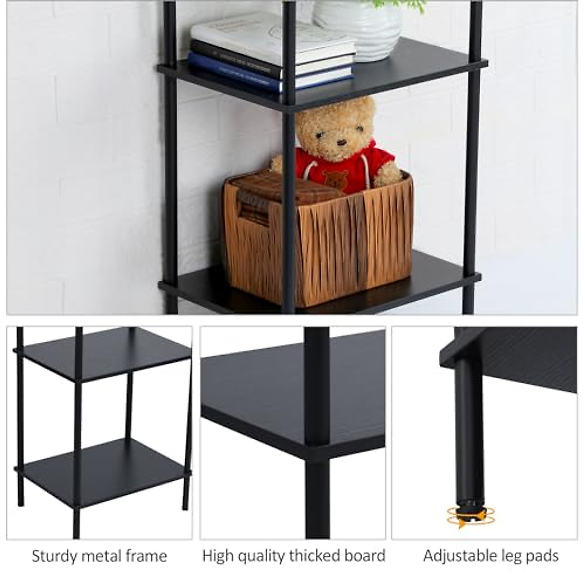 LING RUI 5 Tier Shelves Bookshelf, Tall Narrow Bookcase with Shelves,Wood and Metal Book Shelf Storage Organizer,Industrial Display Standing Shelf for Home Office, Living Room, Bed Room(Black)