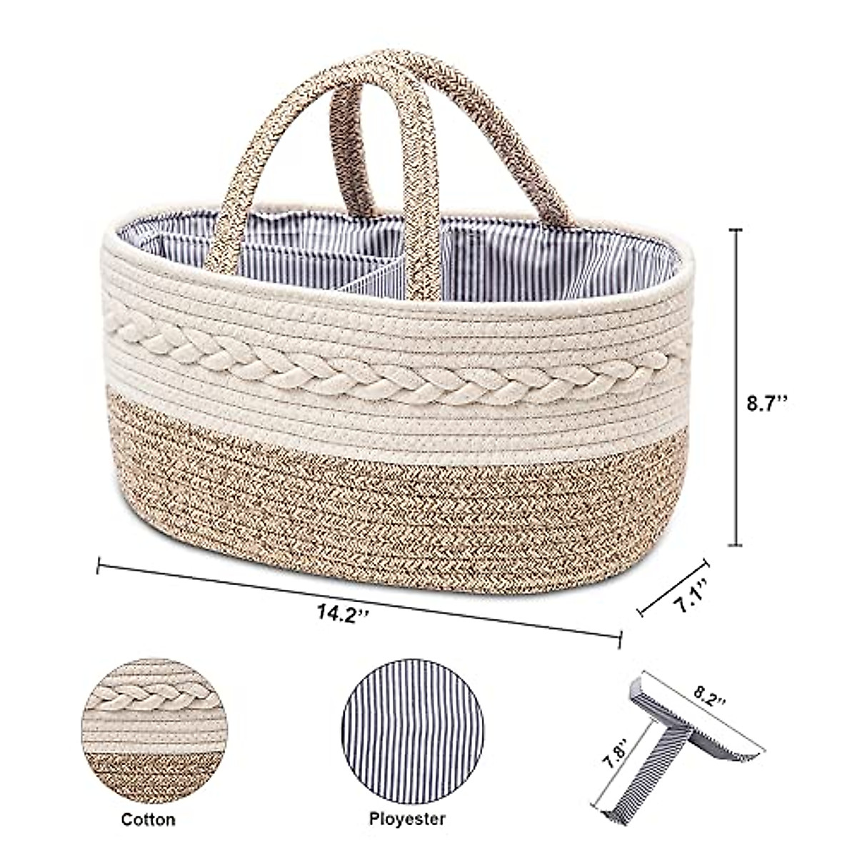 YeaYee Baby Diaper Caddy Organizer, Portable Nursery Storage Basket with Changeable Compartments, 100% Cotton Woven Rope Baskets, Car & Changing Table Tote, Newborn Gift