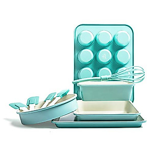 GreenLife Cooking Tools and Utensils, 5 Piece Nylon and Silicone Baking Set with Spatulas Wisk and Brush, Dishwasher Safe, Turquoise