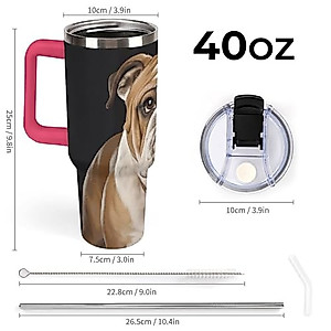 LLUTSNTH 40 Oz Vacuum Tumbler with Light Rose Red Handle Leakproof Insulated Tumbler English-Bulldog Stainless Steel Travel Mug with Lid And Straw Coffee Cup Cute Water Bottles Cup Holder Friendly