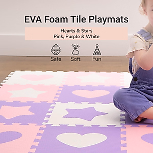 Tadpoles Hearts and Stars Foam Playmats for Kids, 16 Interlocking Foam Tiles, Waterproof, Durable, and Long-lasting | Total Floor Coverage 50” x 50” | For Ages 3 and Up | Pink, Purple, and White