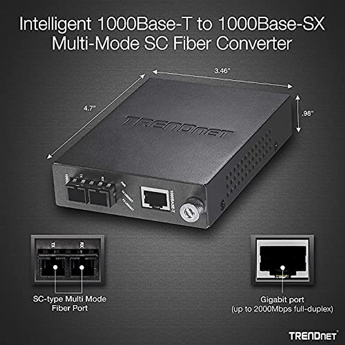 TRENDnet Intelligent 1000Base-T to 1000Base-SX Multi-Mode SC Fiber Media Converter, Up to 550M (1800 ft), Fiber to Ethernet Converter, 2Gbps Switching Capacity, Lifetime Protection, Black, TFC-1000MSC