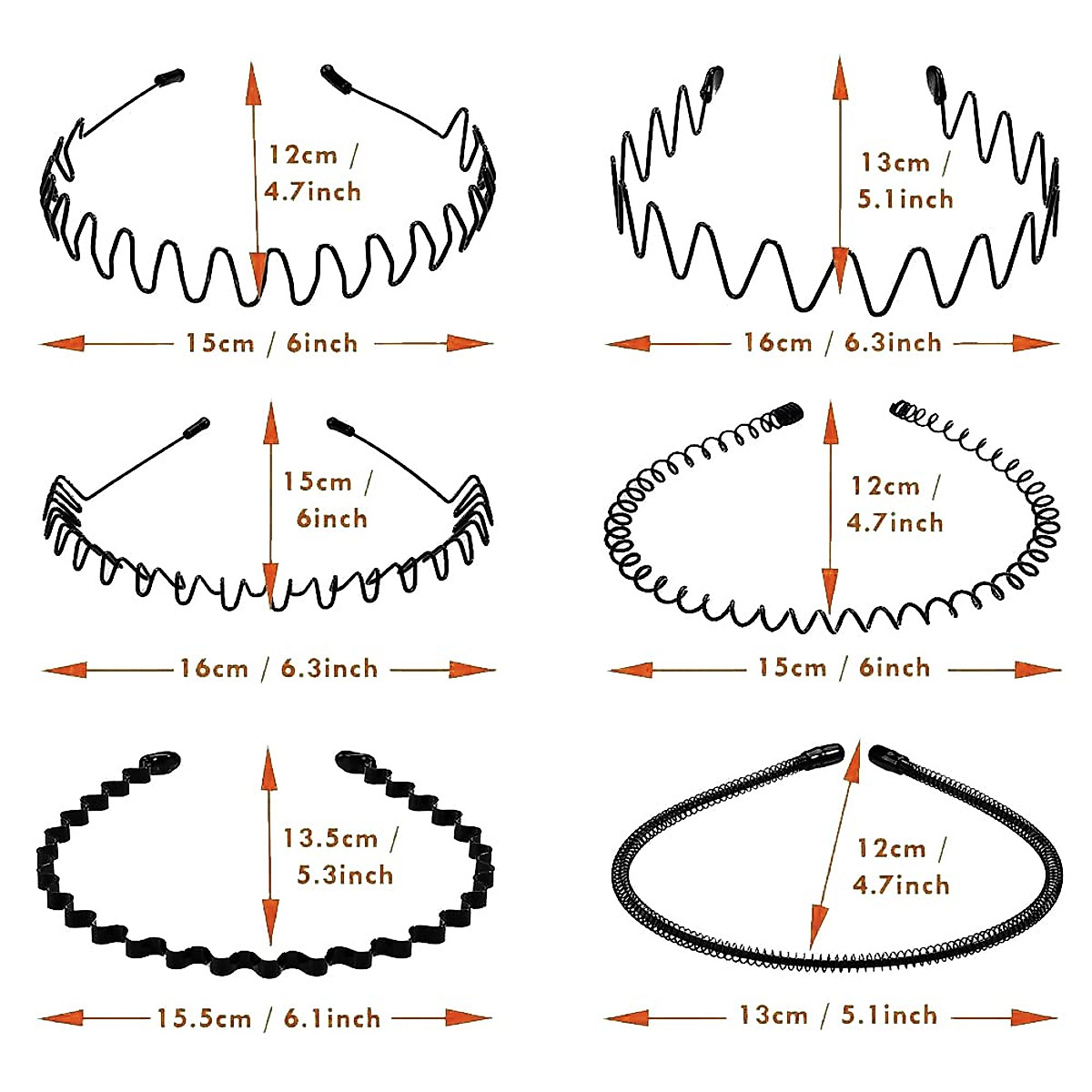 LERNOU Metal Men Headbands Women Hair Bands, Unisex Black Wavy,Spring And Summer Outdoor Sports Headbands, Fashion Simple Elastic Hair Accessories (6pcs)