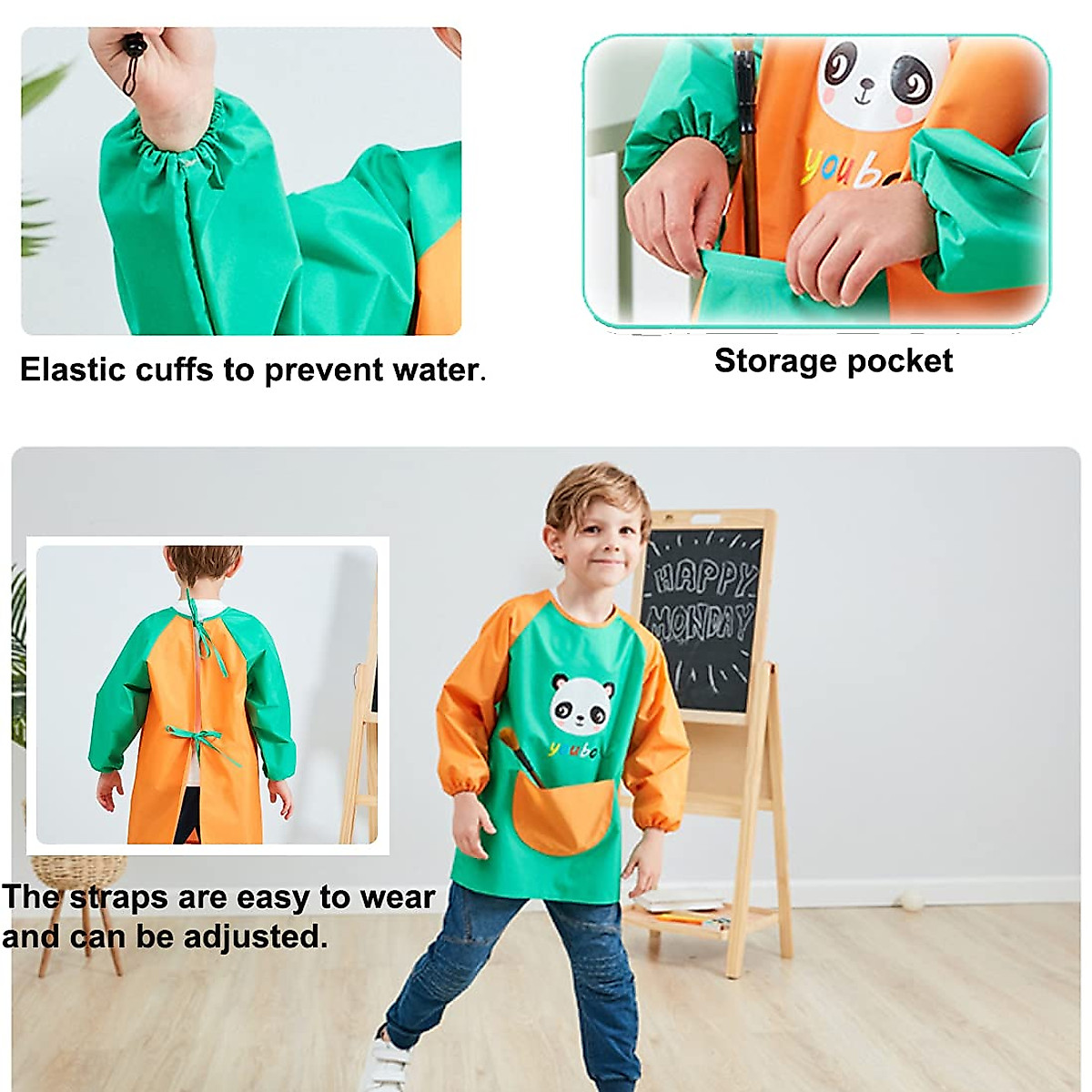 Kids Art Smocks,Long Sleeve Children Smock,Waterproof Anti-oil Kids Apron,With Pockets Art Smock and Apron for Kids.for Age 5-12 Years. Green