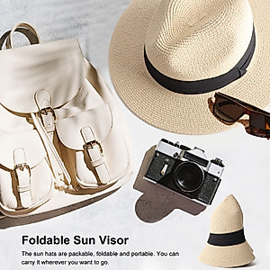 DRESHOW Women Straw Panama Hat Travel Fedora Beach Sun Hat Summer Wide Brim Straw Roll up Hat UPF 50+