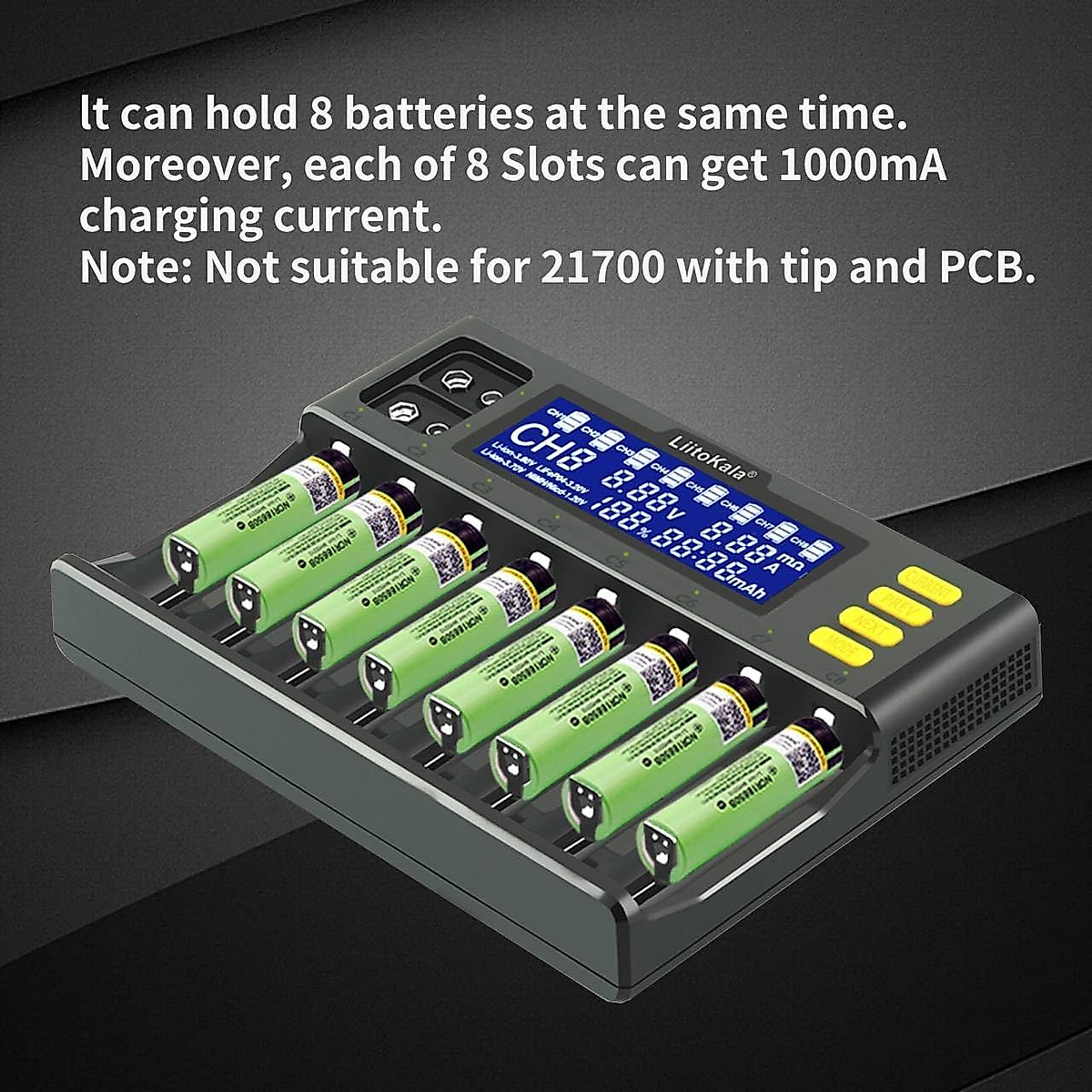LiitoKala LII-S8 18650 Battery Charger 8+2 Bay Smart Universal Charger LCD Display for Li-ion(IMR/ICR) LiFePO4 Ni-MH/Cd AA AAA C 18650 21700 26650 18350 14500 RCR123 Batteries & 9V Batteries