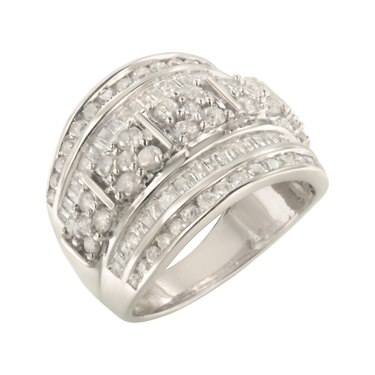 Haus of Brilliance .925 Sterling Silver 2.0 Cttw Round & Baguette Cut Diamond Multi-Row Channel Set Tapered Cocktail Fashion Ring (I-J Color, I3 Clarity) - Size 6