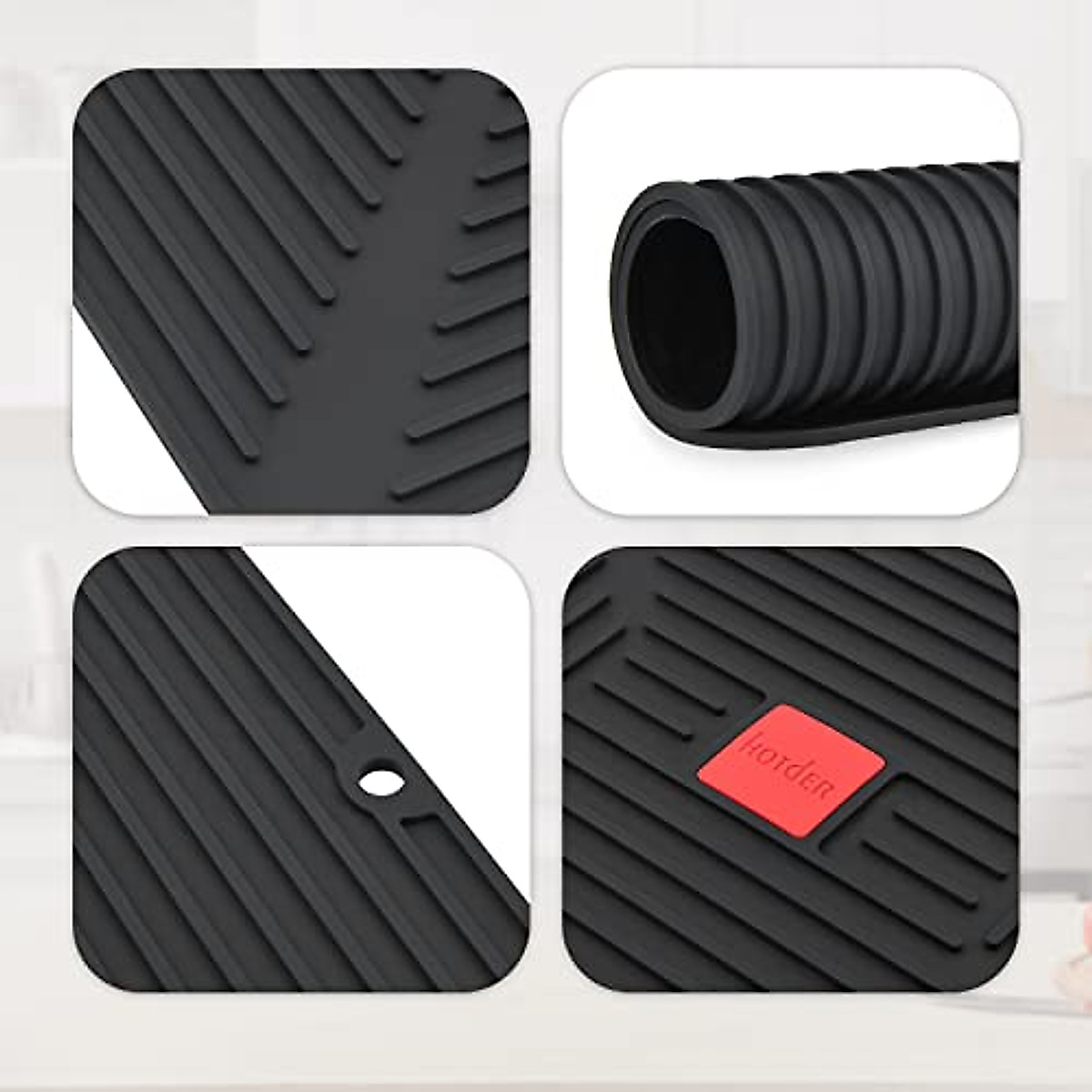 Hotder Dish Drying Mat 16 x12 Inches, Dish Mat for Kitchen Counter, Heat-resistant Silicone Mat, Easy Clean and Storage, Eco-friendly Mat for Sink, Refrigerator and Counter (Black)