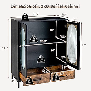 LOKO Buffet Cabinet with Storage, Kitchen Sideboard Cabinet with Tempered Glass Doors and Drawers, Industrial Style Cupboard Credenza Storage Cabinet, 31.5 x 16 x 39.5 inches