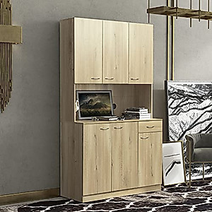 71" Kitchen Pantry Cabinet, Freestanding Floor Cabinet with 6-Doors & Microwave Stand, Sideboard Buffet Cabinet Hutch Cupboard, Tall Storage Cabinet for Kitchen, Dinning Room, Living Room (Oak)