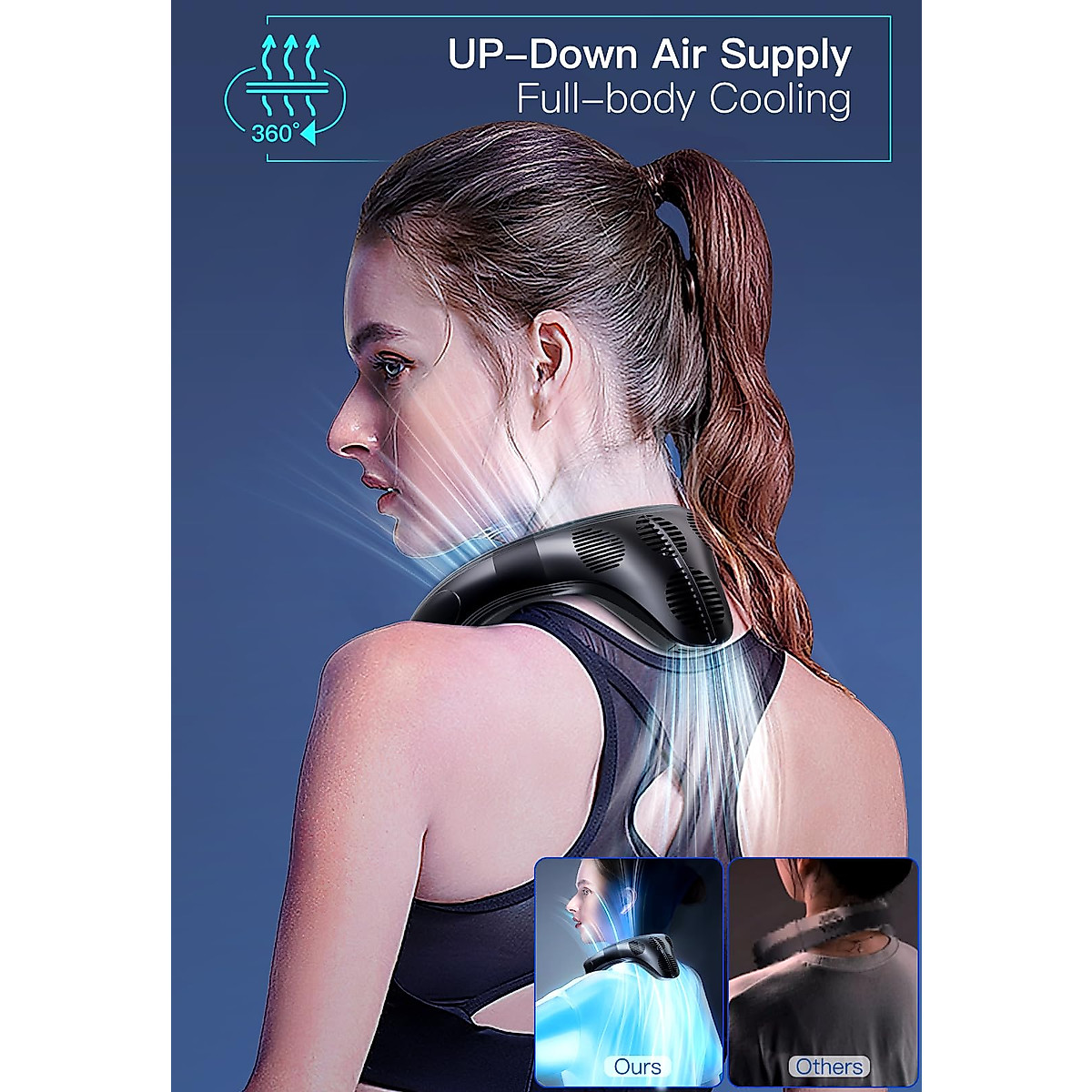 LIOURY Neck Air Conditioner Portable, Front & Back Up-down Airflow Portable Neck Fan, 360° Full-body Cooling Neck Fan, 8000 mAh Rechargeable Neck Fan Air Conditioner with Large Cooling Plate (Black0)