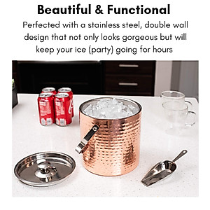 BirdRock Home Ice Bucket with Scoop & Lid - 2.8 Liter Hammered 18/8 Stainless Steel Container for Bar - Double Wall Insulated Bucket with Carrying Handle - Great for Parties - (Copper)