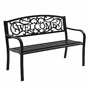 S AFSTAR Garden Bench, Metal Porch Bench for Park Garden Yard, Outdoor Patio Bench with Weather-Resistant Cast Iron Backrest and Welcome Pattern, Front Door Bench Park Bench for Outside (Black)