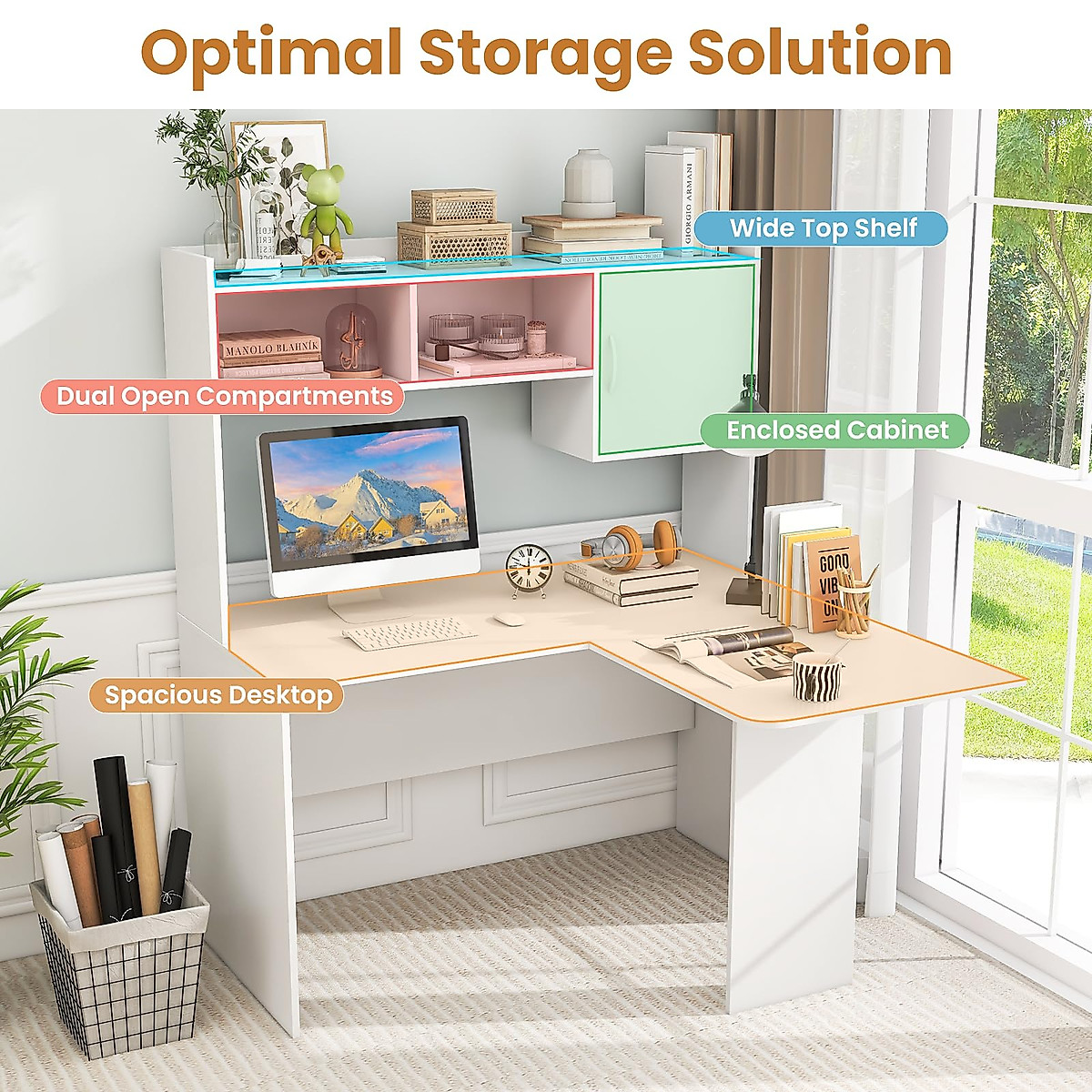 Giantex L Shaped Desk with Hutch, Corner Computer Desk with Storage Shelf & Cabinet, Laptop PC Table Gaming Desk Workstation, Modern Executive Study Writing Desk for Home Office, Bedroom, White